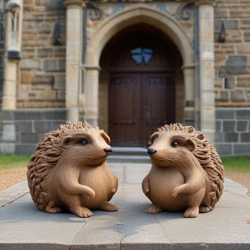 a big castle with 2 big brown and tan hedgehog statues outside the ...