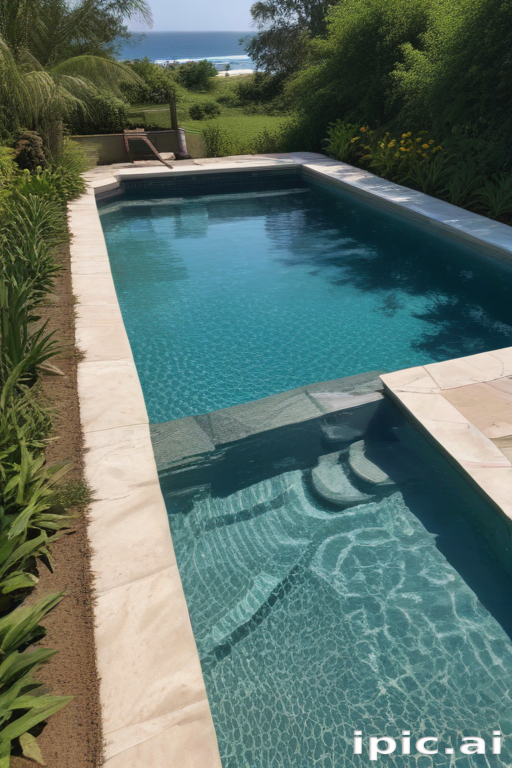 Serene Swimming Pool Overlooking Lush Greenery and Tranquil Ocean Waves