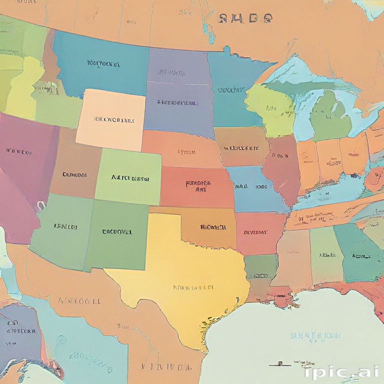 Colorful Map of the Central United States Highlighting Different States ...