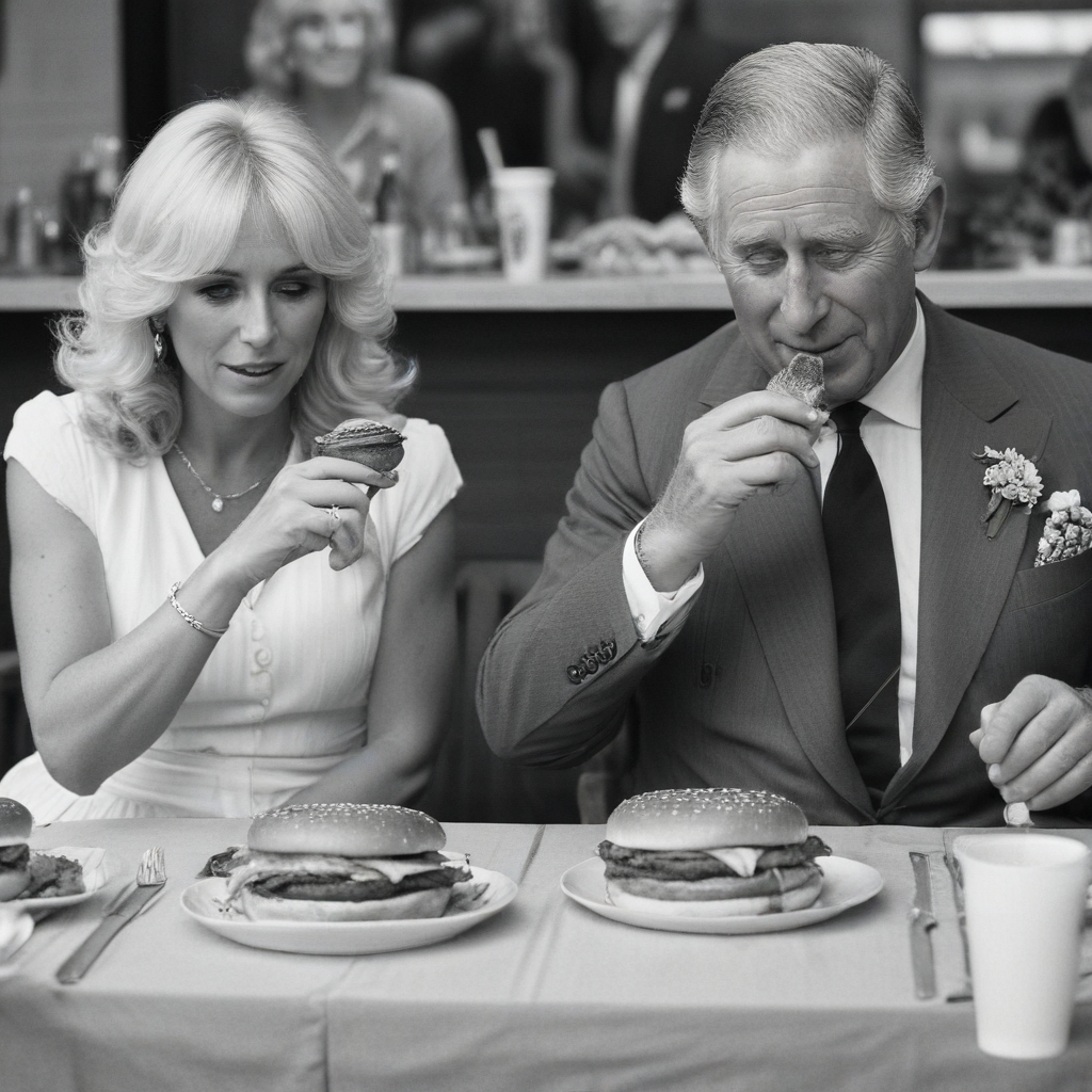 Prince Charles and Camilla eating hamburger black white