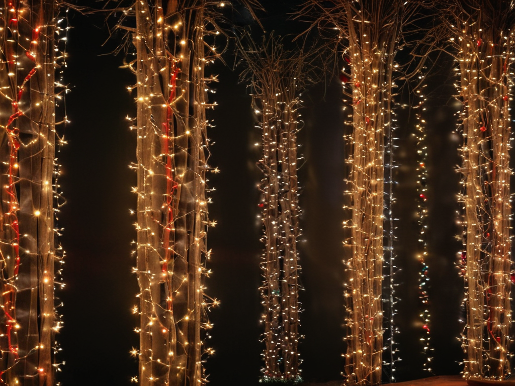 Enchanting Display of Twinkling Holiday Lights Adorning Tall Tree Trunks