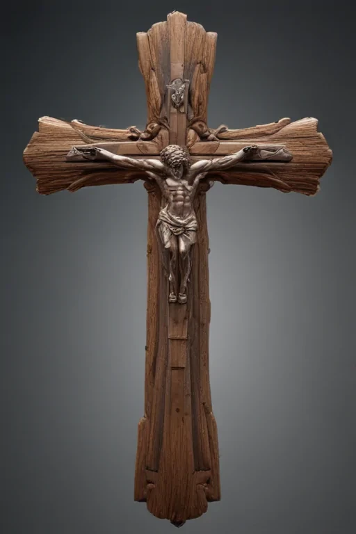 Intricately Carved Wooden Cross Depicting the Crucifixion of Jesus Christ