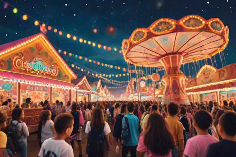 Enchanting Night at the Fair: Colorful Lights and Joyful Crowds Unite