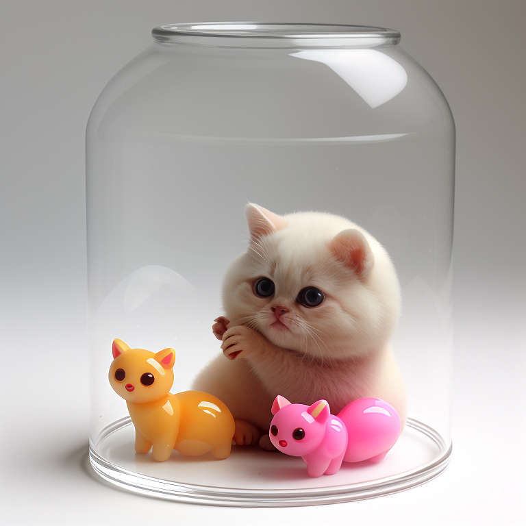 Adorable Kitten Curiously Observes Colorful Toy Cats Inside a Glass Jar