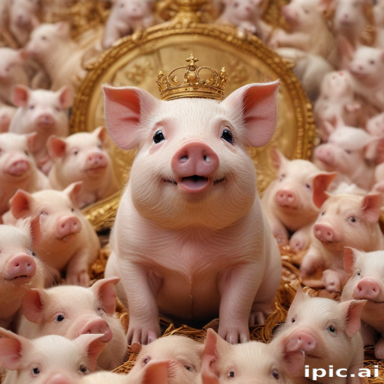 A Royal Pig with a Crown Surrounded by Adorable Piglets in a Charming Scene