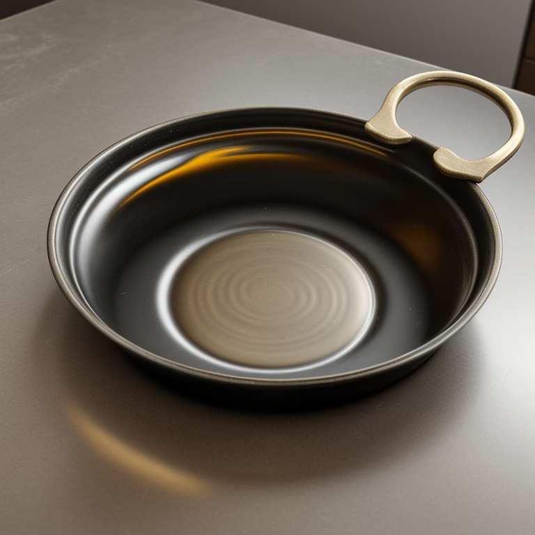 A Stylishly Designed Black Pan with a Unique Handle on a Countertop
