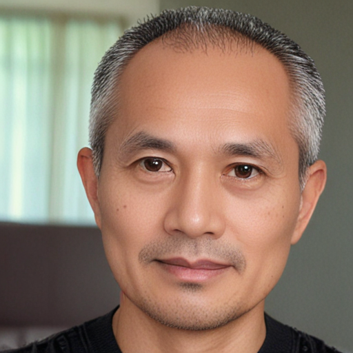 Balding Asian man with greying hair with comb over haircut