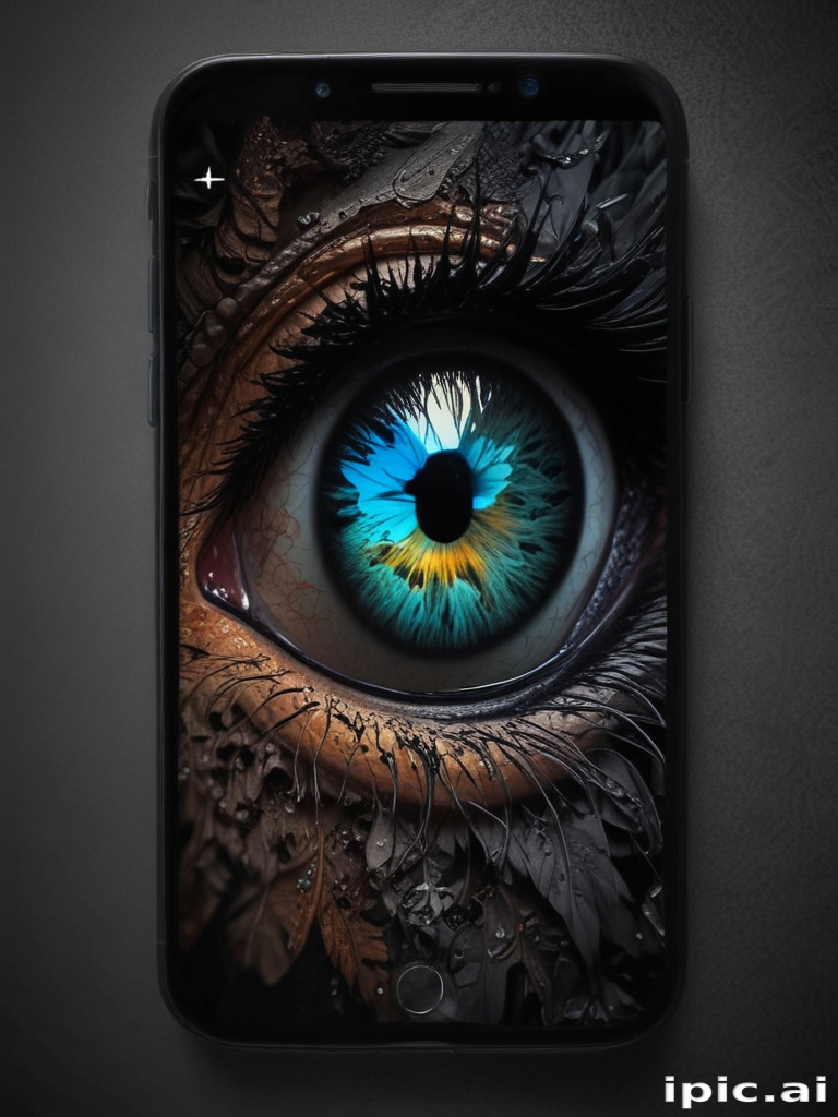 Intricate Eye Design on Smartphone Screen Surrounded by Natural Elements