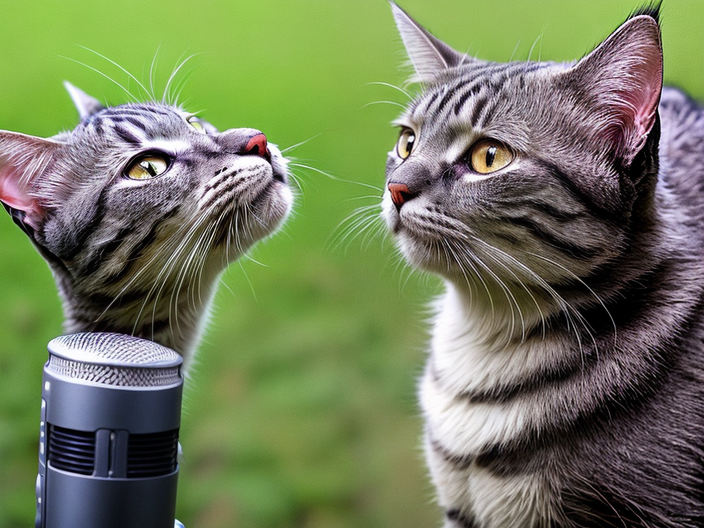 Cat singing into microphone, recording studio
