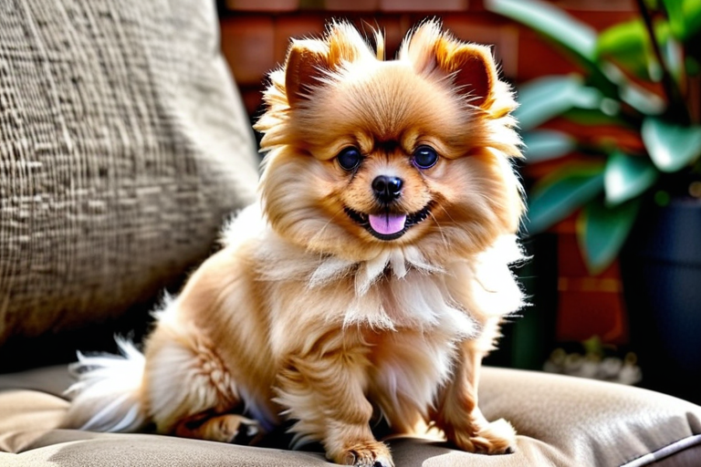 Adorable Pomeranian Puppy with Fluffy Fur Sitting Happily on a Couch.