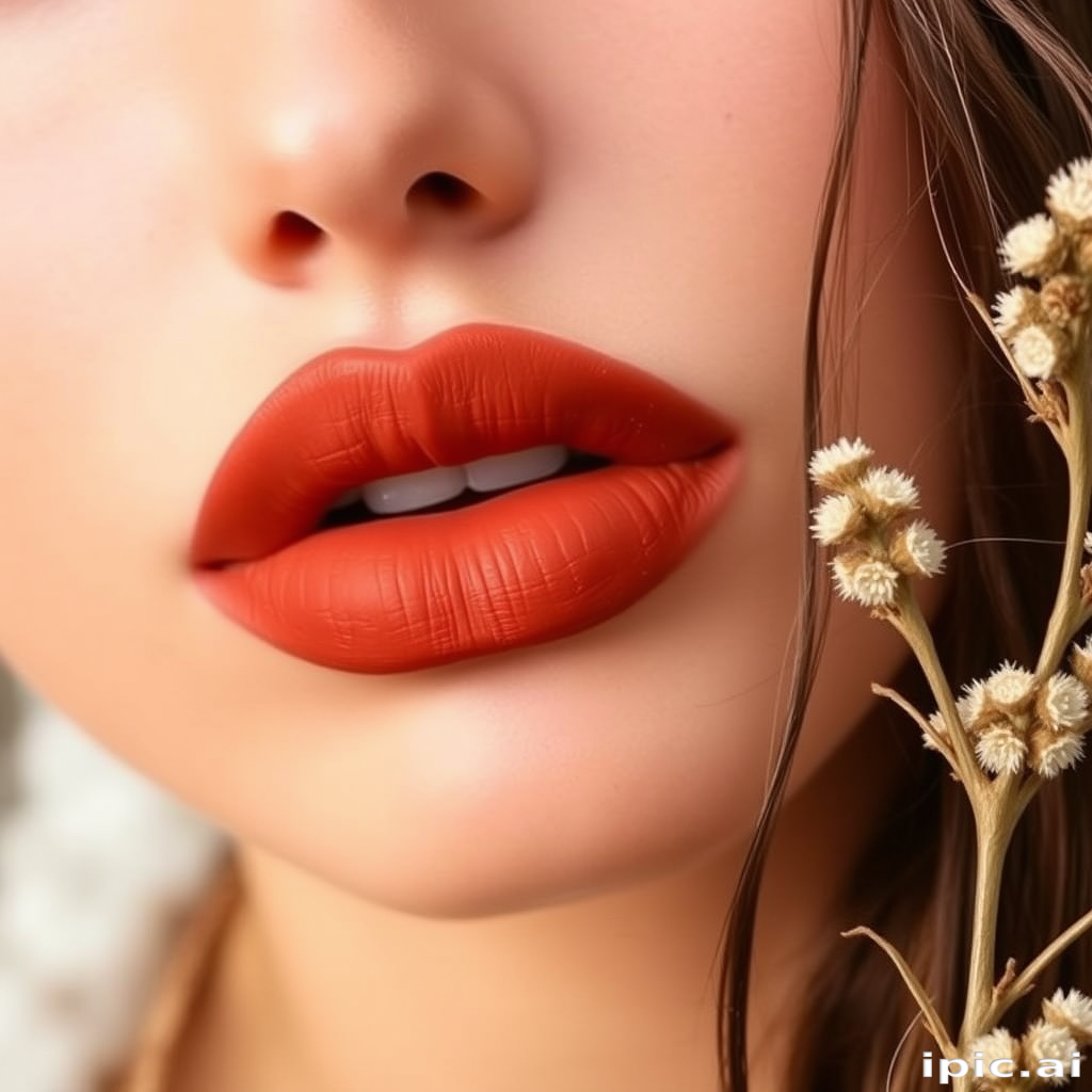Close-Up of Luscious Lips with Bold Red Matte Lipstick and Dried Flowers