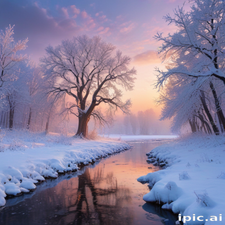 Serene Winter Landscape with a Majestic Tree and Reflective Stream