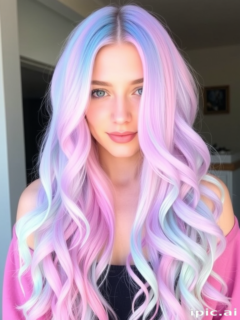 Stunning Woman with Vibrant Pastel Hair in Soft Waves and Bright Light