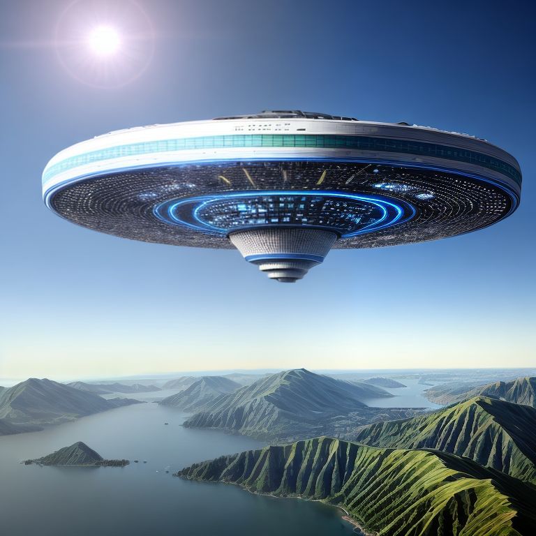 advanced alien civilization, semi-aerial view, busy city, flying ...