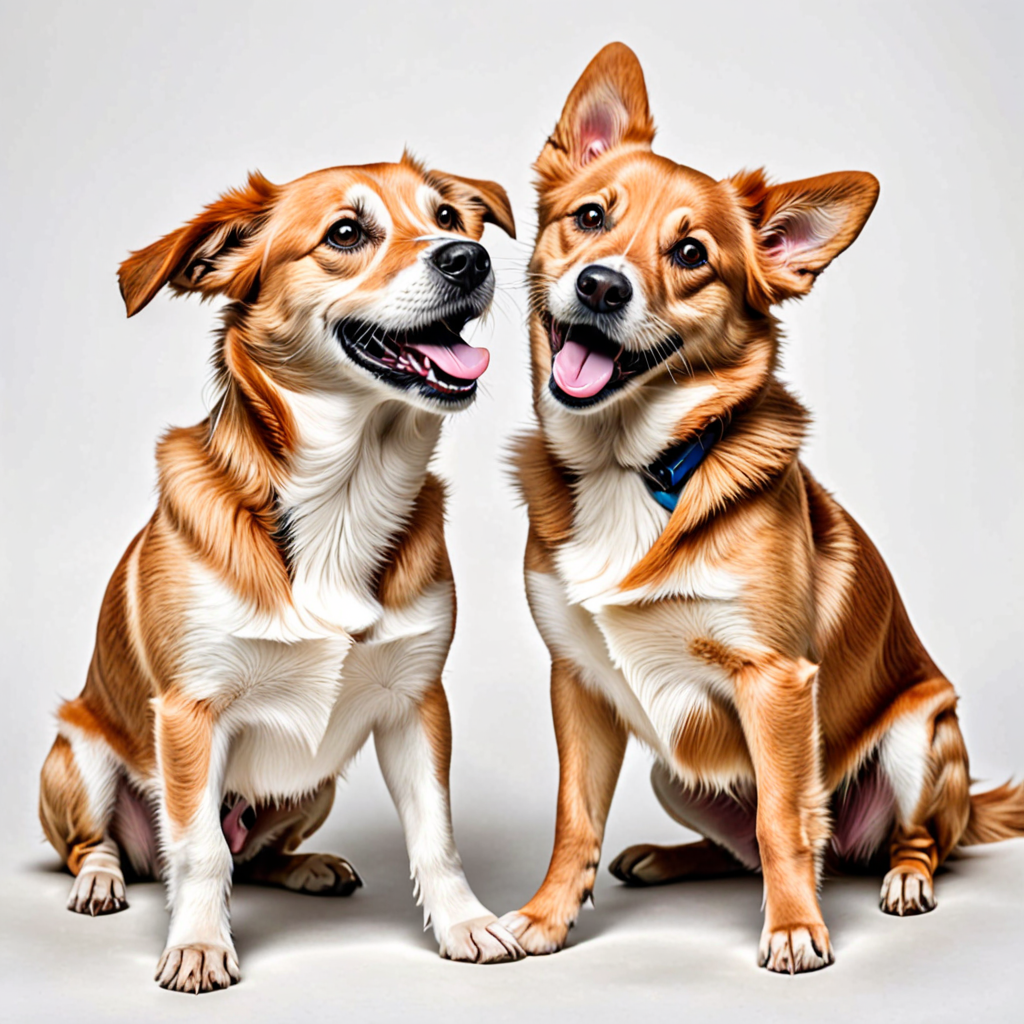 happy cute, 2 different dogs, playing, white background, realistic ...