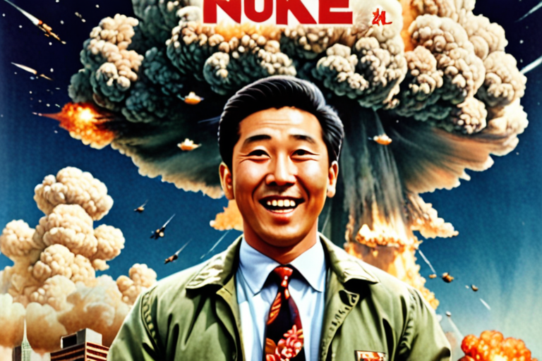 cartoon movie poster called "nuke" with happy japanese guy and a ...