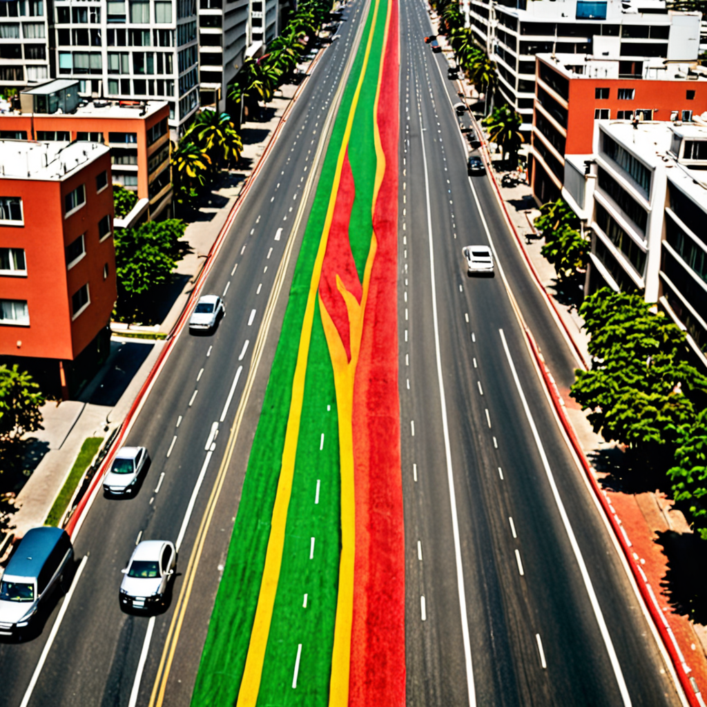 reggae colored road in a city with reggae flames