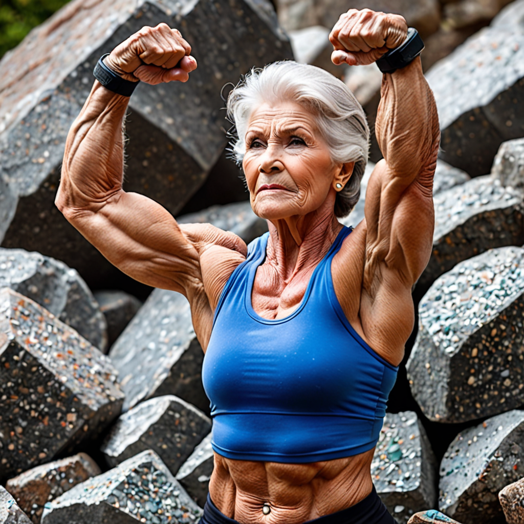 strong elderly muscular woman with enormous oversized vascular bulging ...