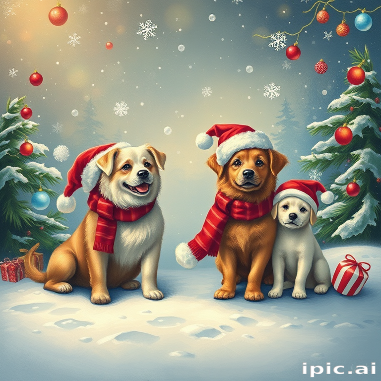 Three Adorable Dogs in Santa Hats Celebrating a Joyful Winter Holiday