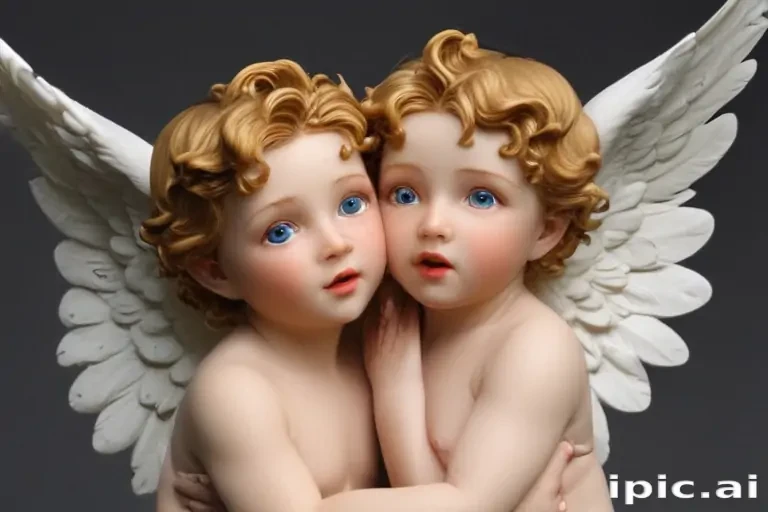 Two Cherubic Angels Embracing with Golden Curls and Gentle Expressions