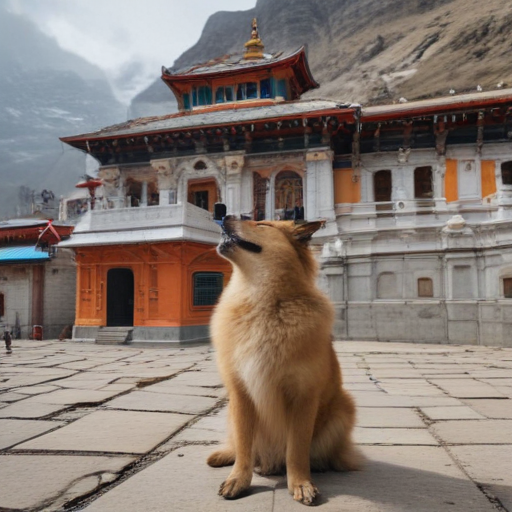 Indian Spitz dog praying outside kedarnath temple