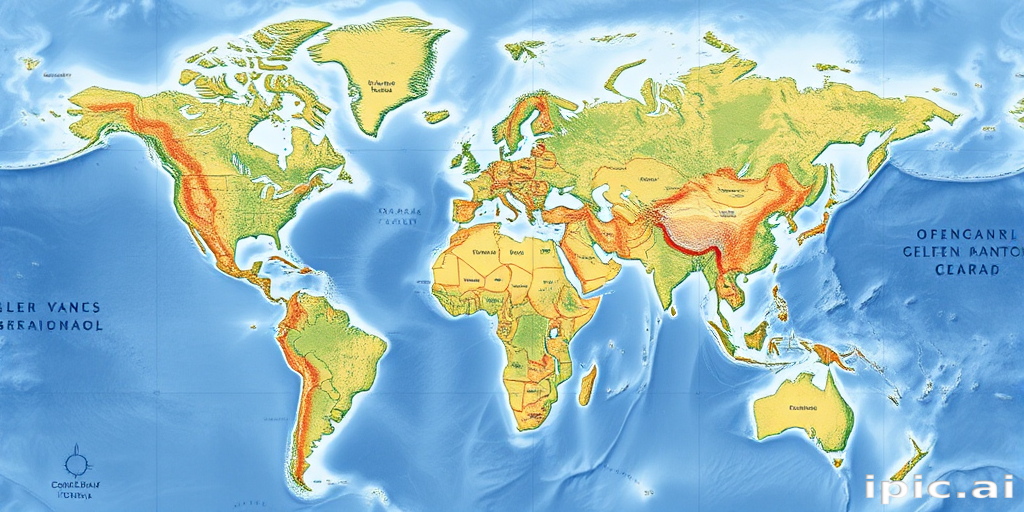 Detailed World Map Highlighting Geographic Features and Elevation ...