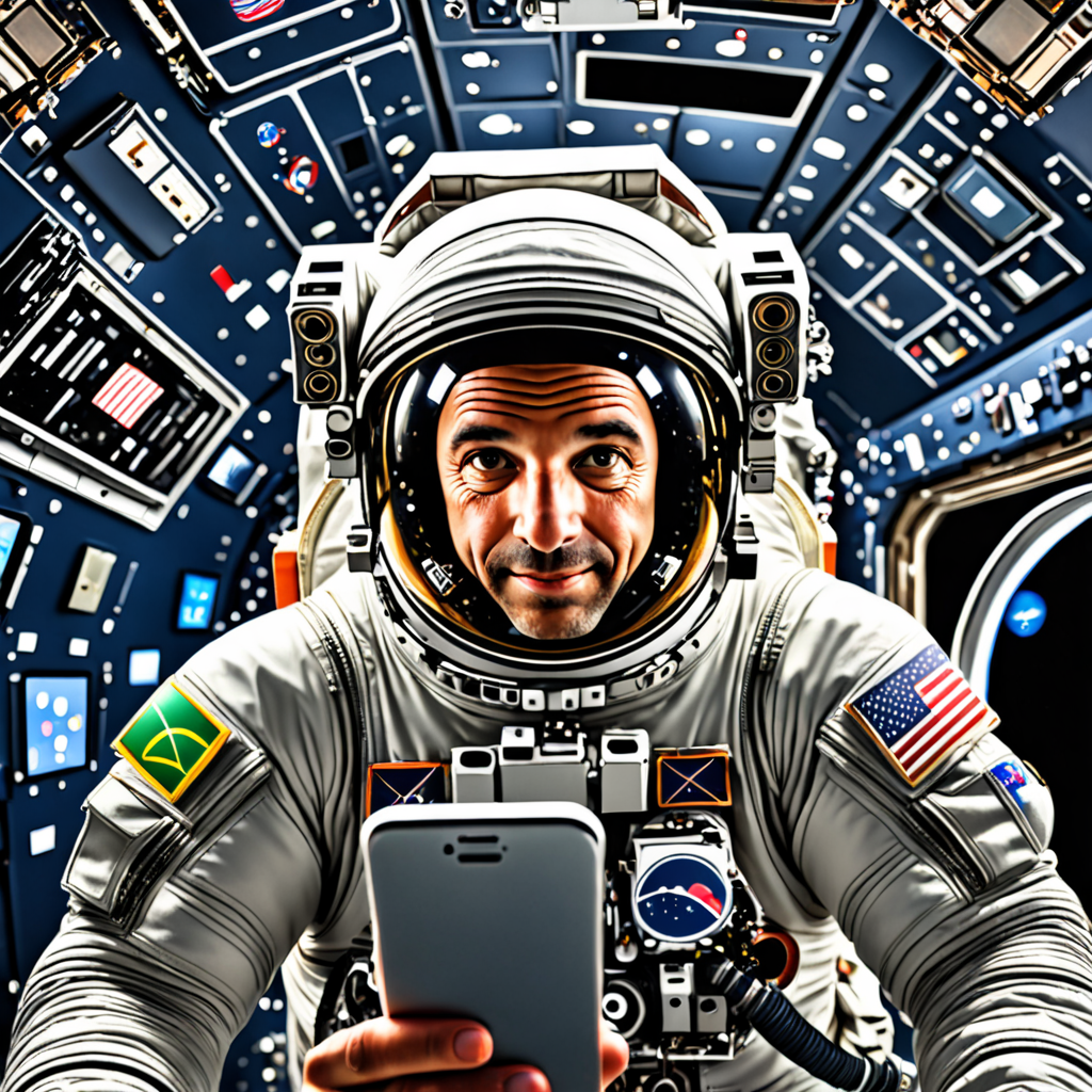 Brazilian Astronaut with cell phone in space
