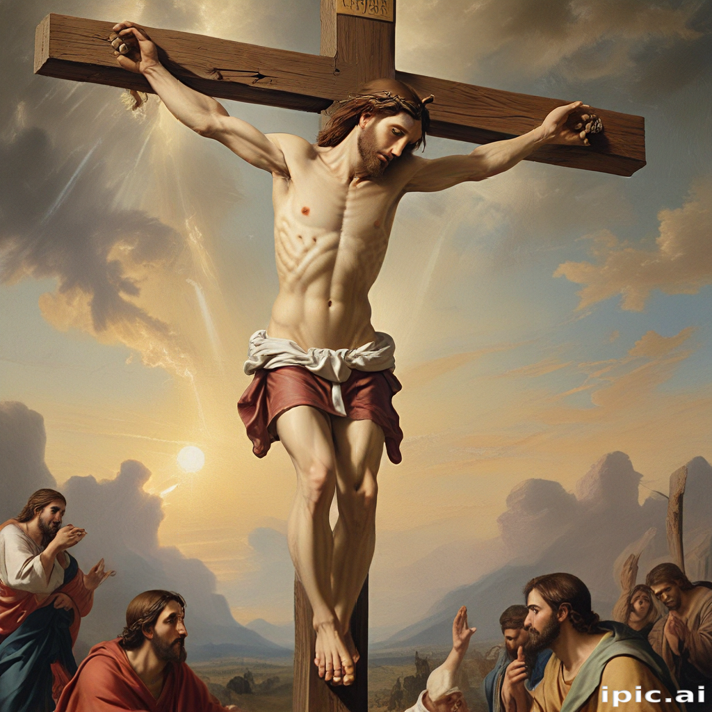 Depiction of the Crucifixion: Jesus on the Cross with Witnessing Disciples