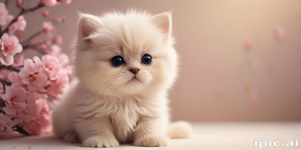 A Cute Fluffy Kitten Surrounded by Delicate Pink Blossoms in Spring.