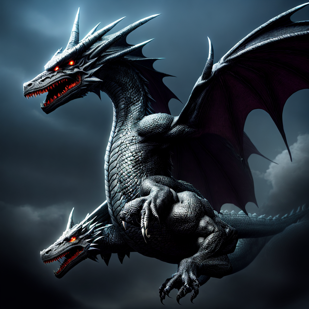 A dragon like entity with pitch black scales and a grim look on its face