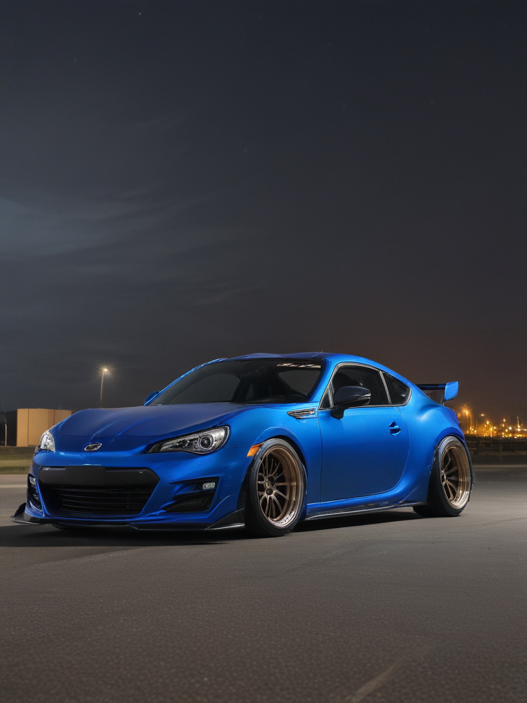 slammed wide body brz in blue at night side shot with livery