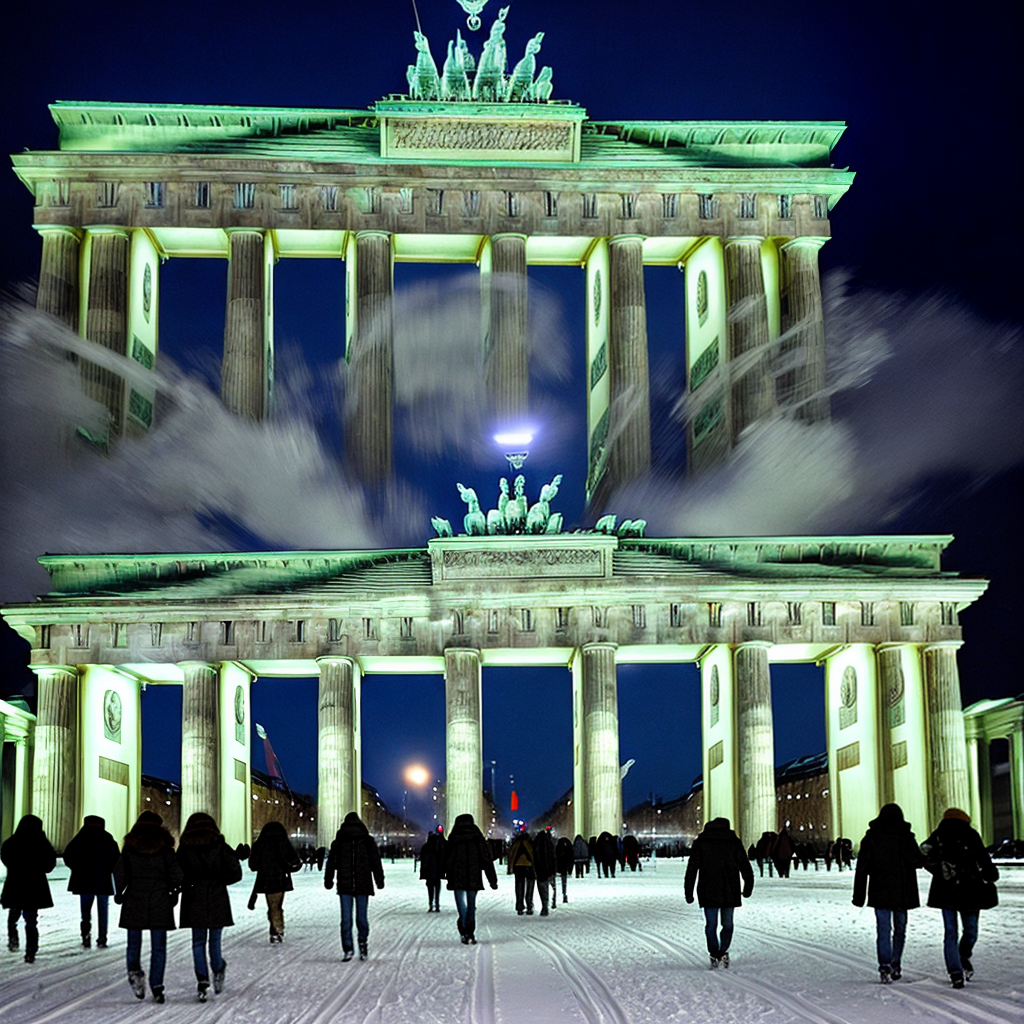 heavy snowfall at brandenburger gate in berlin at night with lots of ...