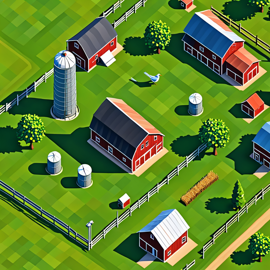 farm, birds eye view, barn, house, open area, silo, house, low poly