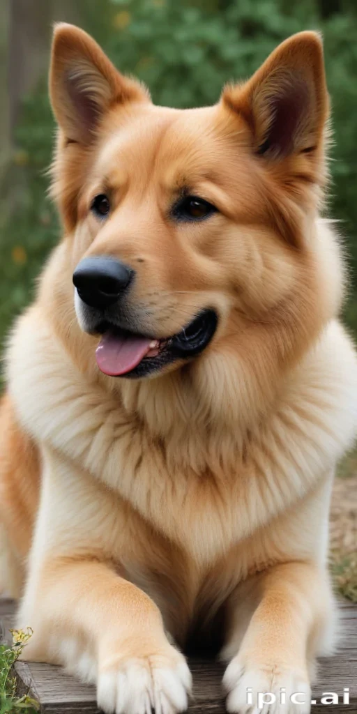A Beautiful Golden Dog Relaxing in a Lush Green Outdoor Setting.