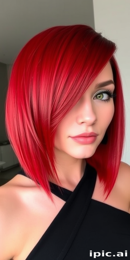 Vibrant Red Bob Hairstyle with Bold Angled Cut and Stunning Features