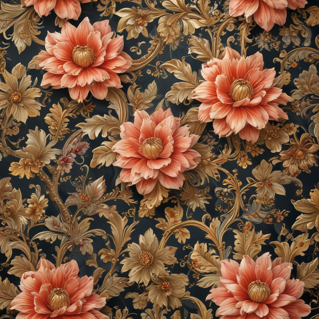 Elegant Floral Wallpaper Design Featuring Lush Peach Flowers and Ornate ...