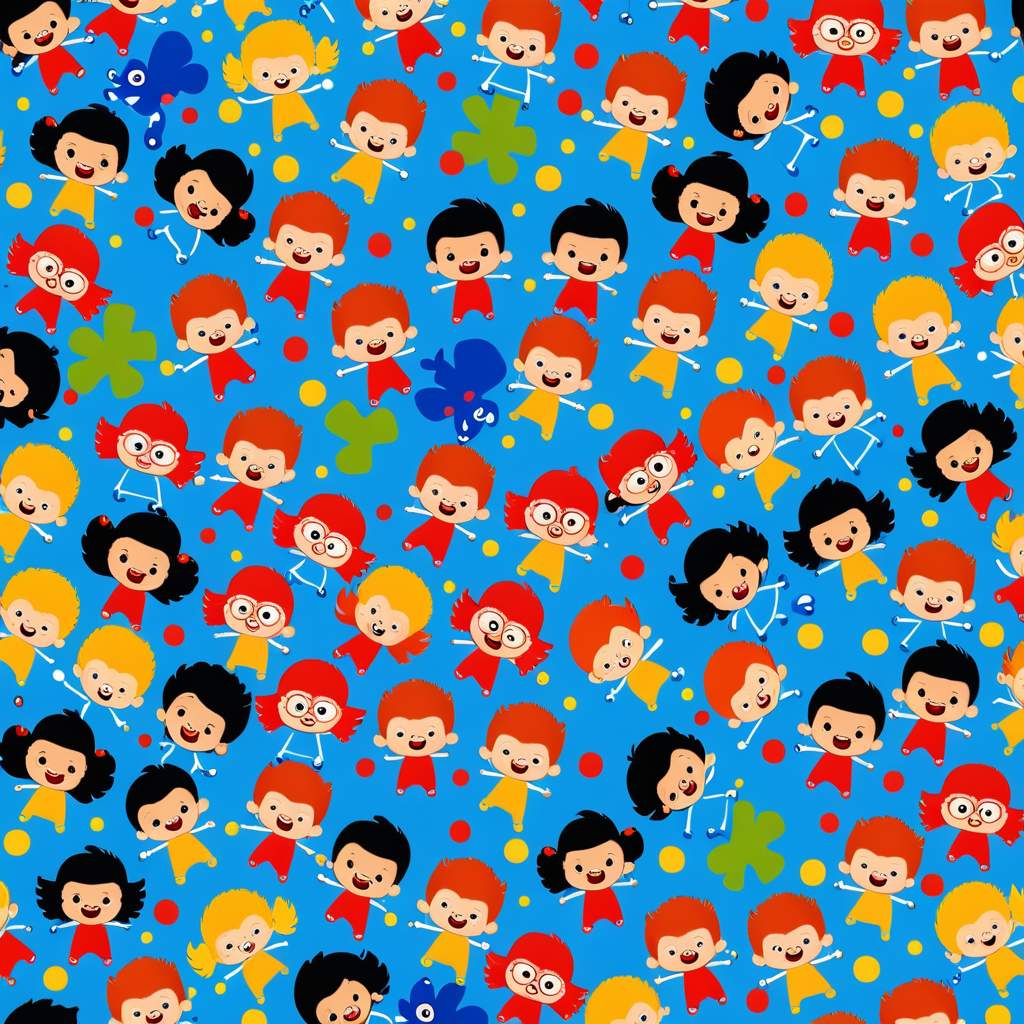 Colorful Pattern of Playful Cartoon Characters on a Bright Blue Background