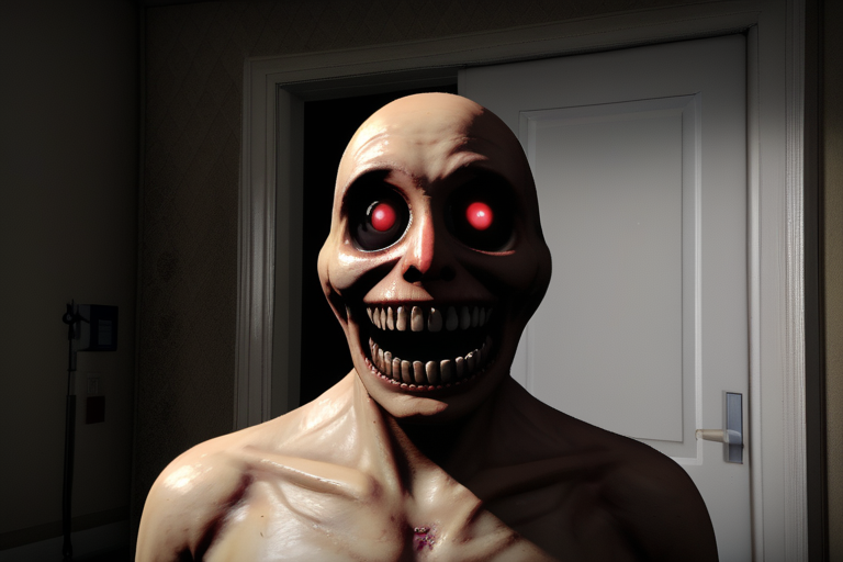 Sinister Figure with Glowing Red Eyes Stands in Darkened Room