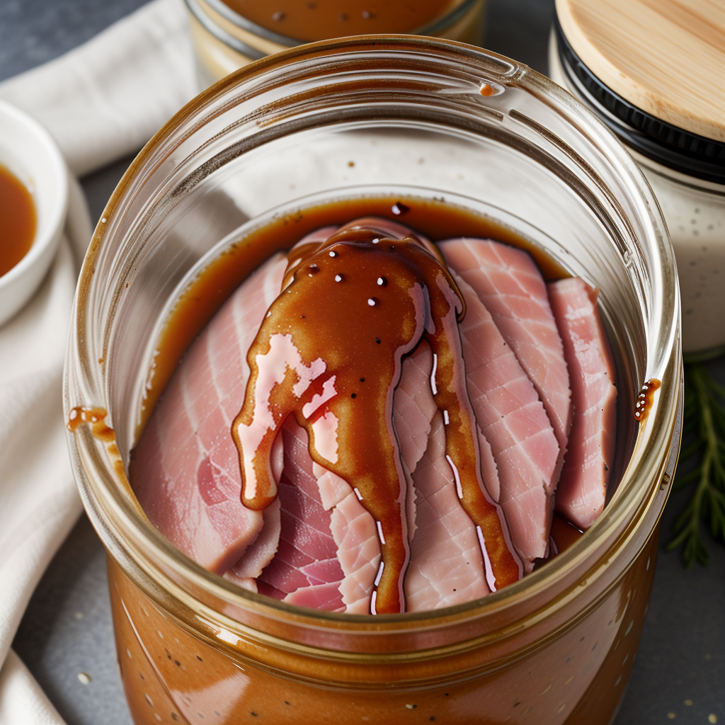 Deliciously Marinated Slices of Ham in a Glass Jar with Sauce
