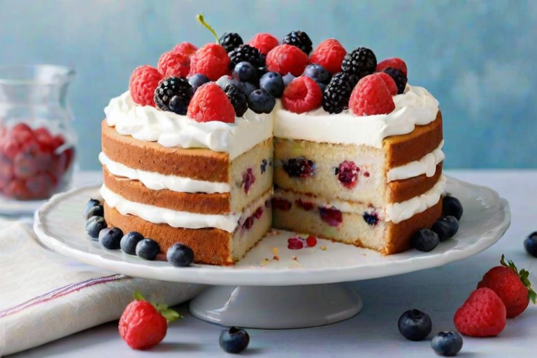Delicious Layered Cake Topped with Fresh Berries and Whipped Cream Delight