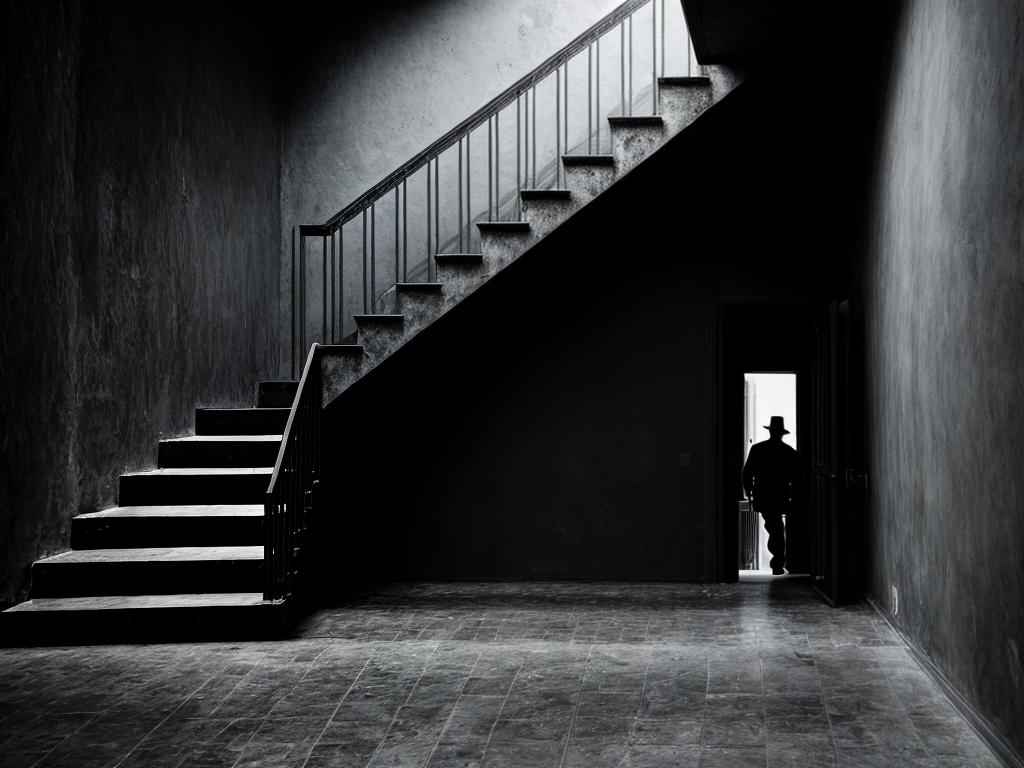 dark house, dark stairs, man climbing the dark stairs