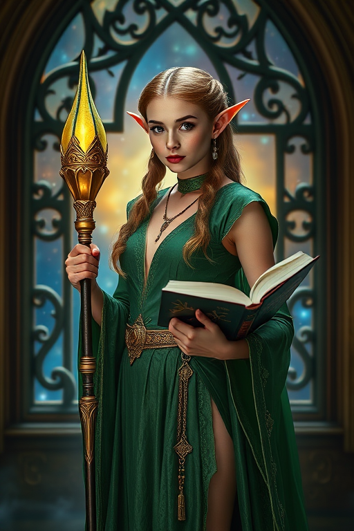 Enchanting Elf Sorceress Holding a Magical Book in Mystical Library