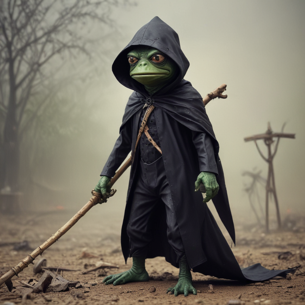 Pepe the Frog in a Grim Reaper outfit, carrying a scythe and standing ...