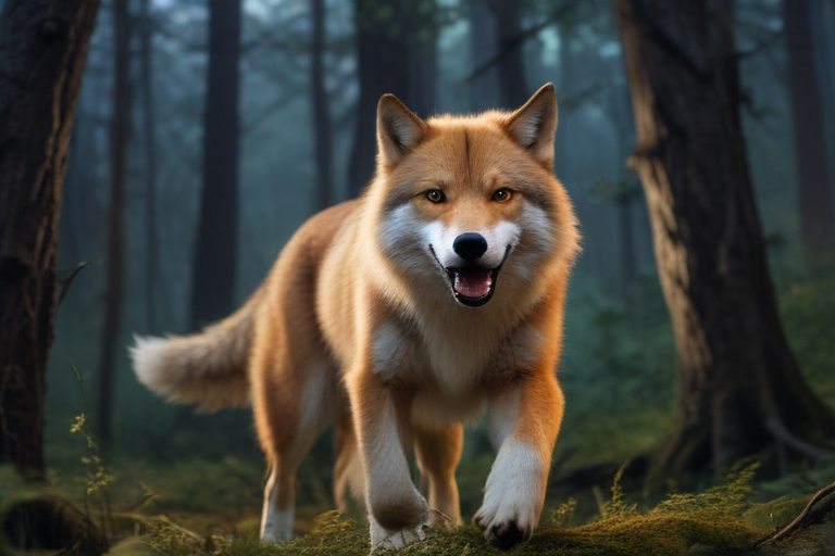 Mischievous wolf fighting a mischievous leprechaun in a magical forest ...