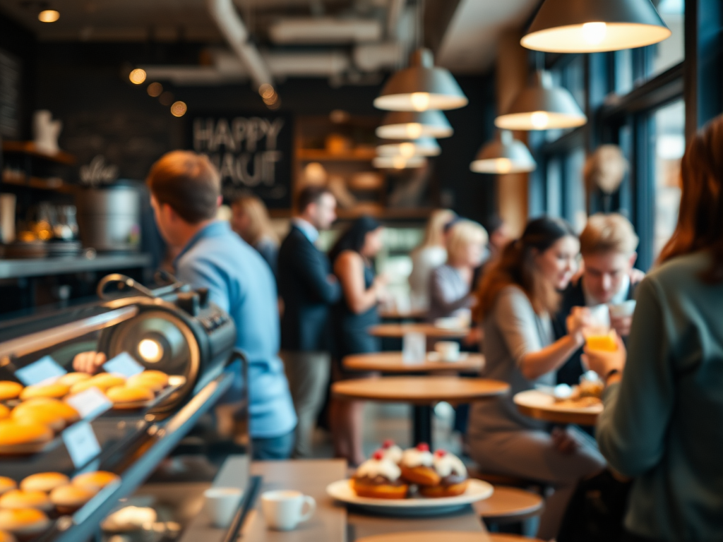 A Cozy Café Scene Filled with Lively Conversations and Delicious Pastries.