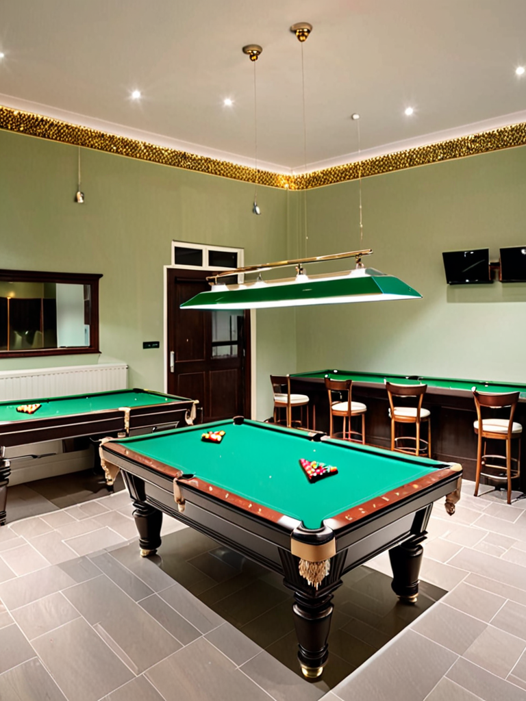 layout pool bar with 3 green pool tables 1 brown snooker table, desks ...