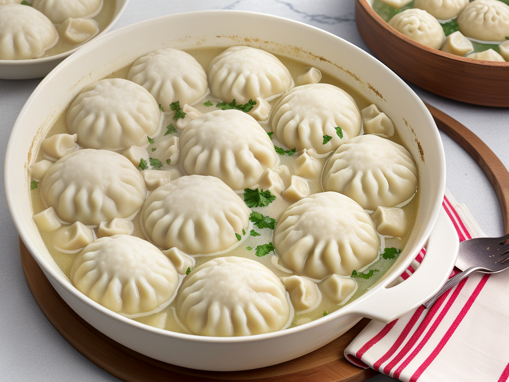 Delicious Bowls of Steamed Dumplings Served with Chicken Broth and Herbs