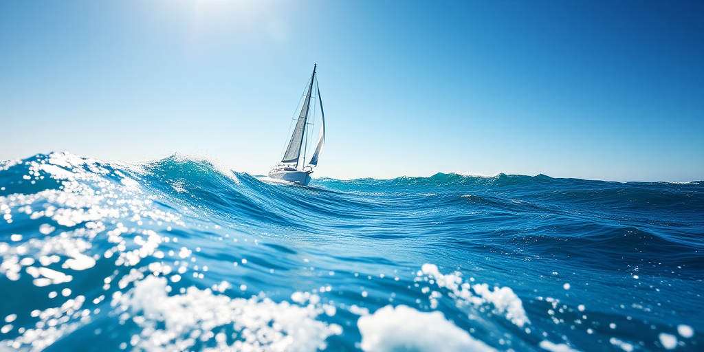 A Tranquil Sailboat Gliding Through Vibrant Blue Ocean Waves Under Sunshine