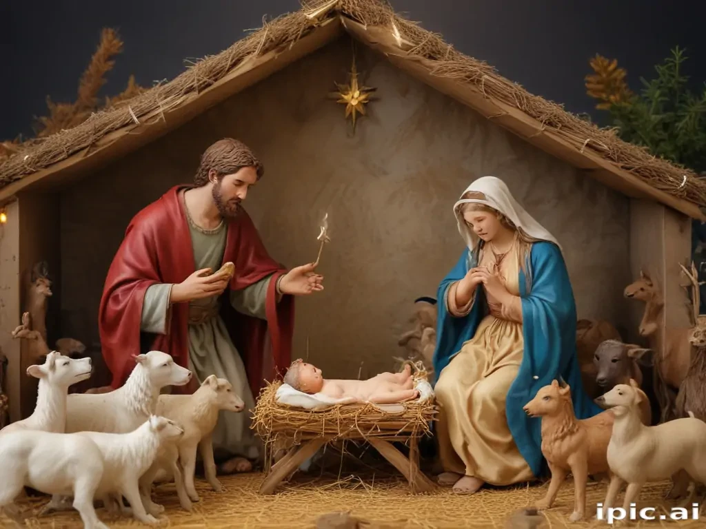 Nativity Scene Depicting the Birth of Jesus Surrounded by Adoring Animals