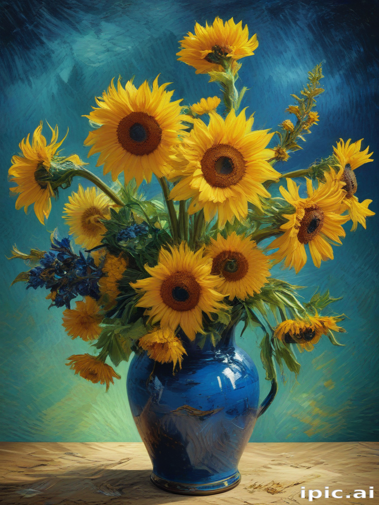 A Vibrant Arrangement of Sunflowers in a Beautiful Blue Vase.